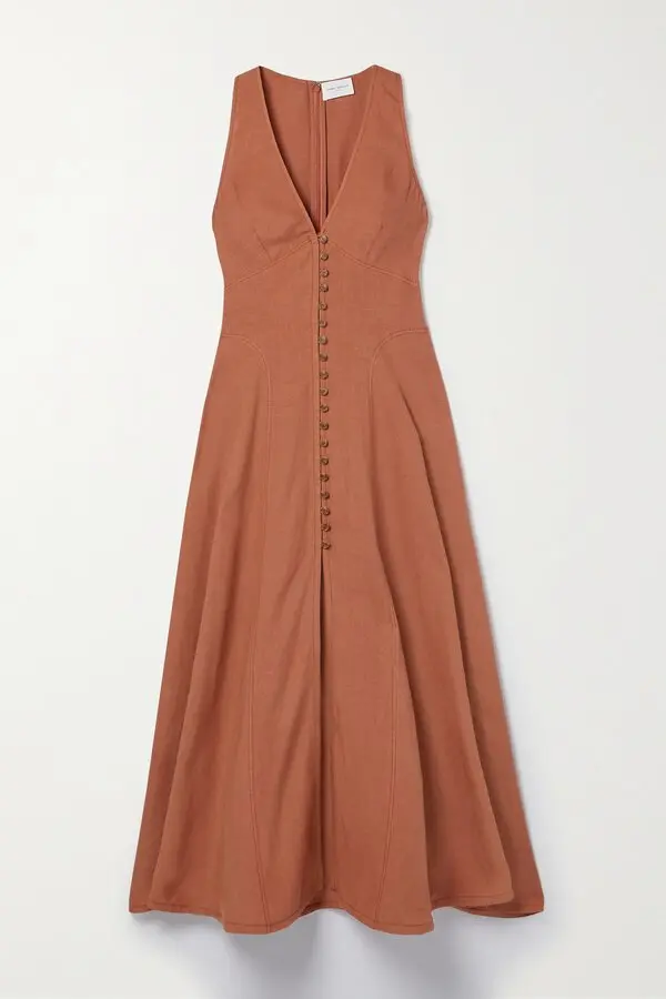 Three Graces London Rose Gathered Linen Midi Dress In Red - 70% Off |  Editorialist