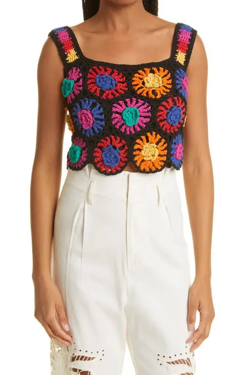 Farm Rio Floral Crochet Crop Top In Black - 60% Off | Editorialist