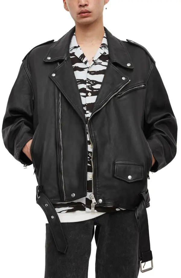 All Saints Shoga Oversize Leather Biker Jacket Black Editorialist