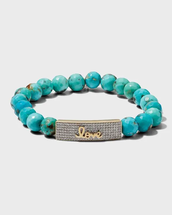 SYDNEY EVAN 8mm Matrix Turquoise Bracelet With Diamond Love Script Bar
