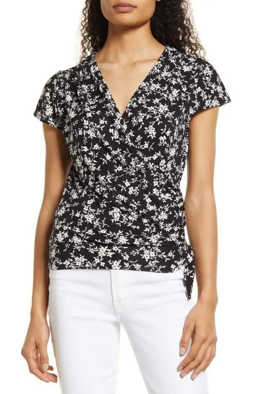 Loveappella Floral Print Faux Wrap Top - Black