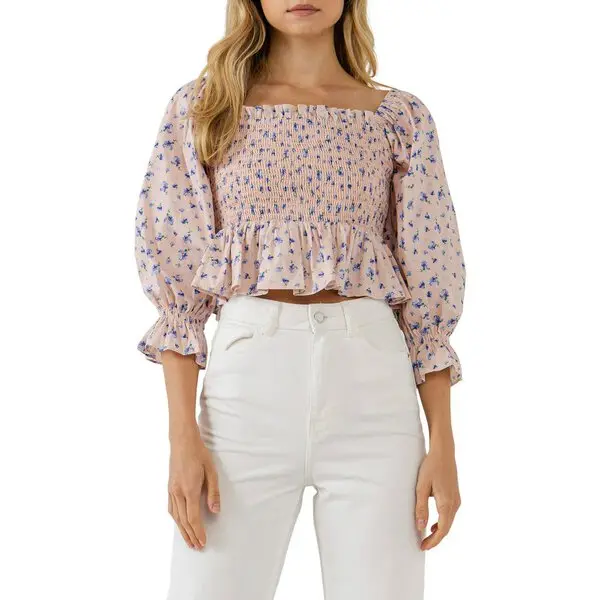 English Factory Floral Print Smocked Ruffle Blouse