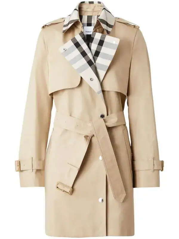 vintage check panel cotton gabardine trench coat