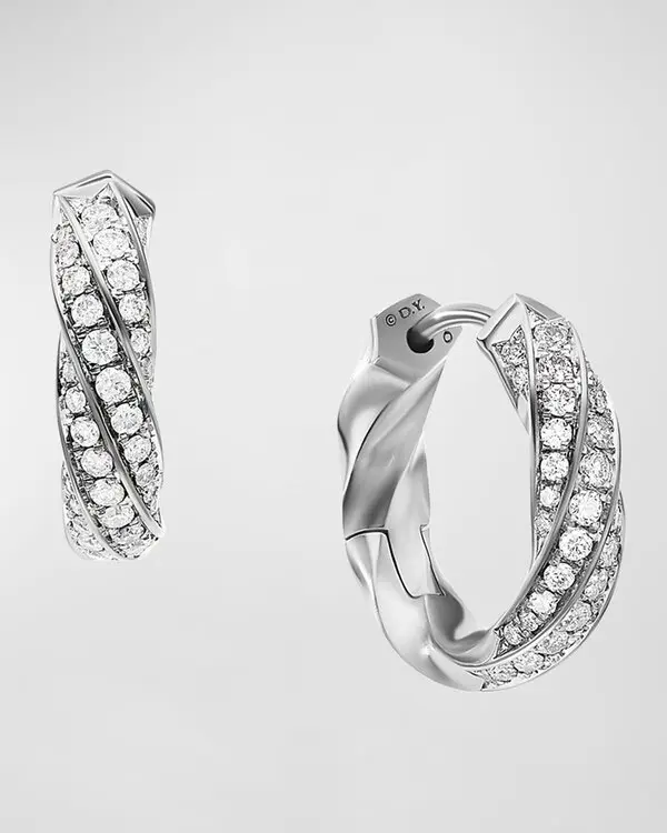 David Yurman Cable Edge Huggie Hoop Earrings With Diamonds - Silver