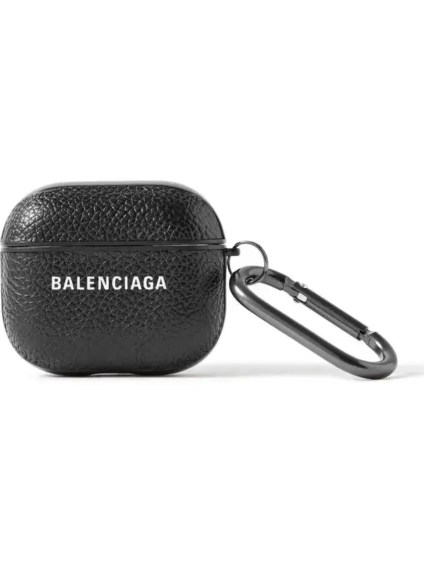 Balenciaga Logo-Print Full-Grain Leather Airpods Pro Case - Black