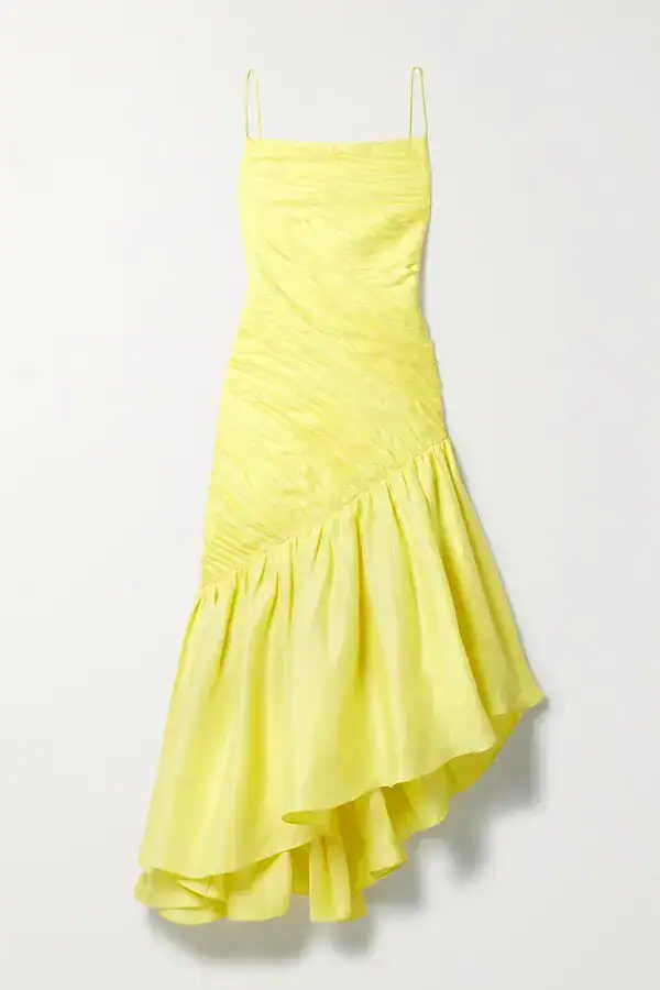 Rasario Asymmetric Ruffled Linen-Blend Dress In Yellow 70% Off