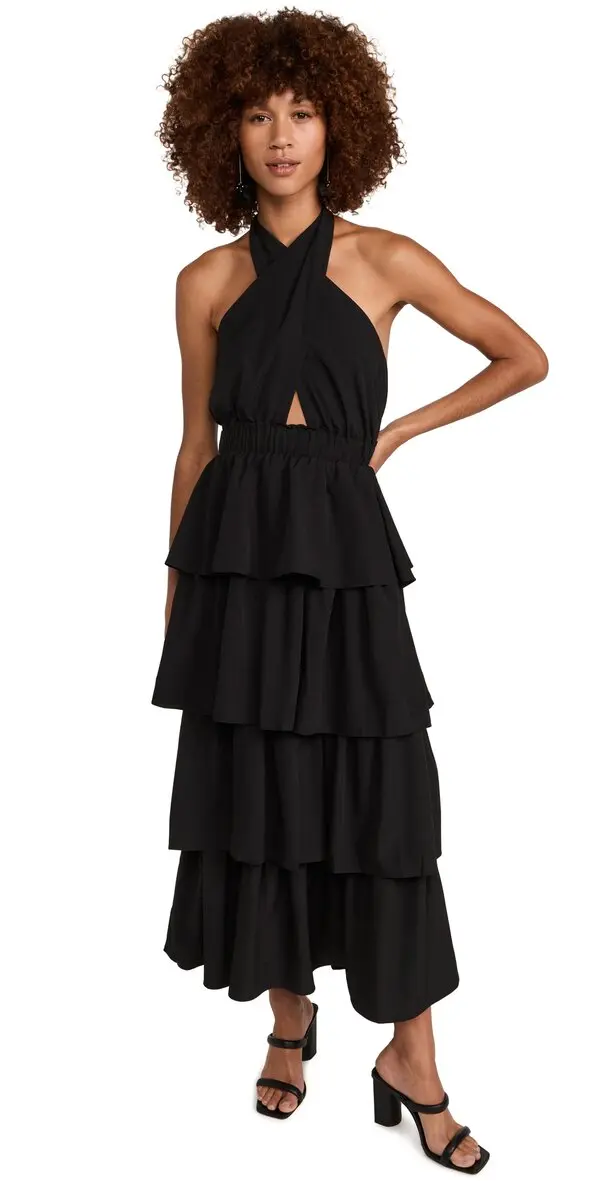 Endless Rose Crossed Halter Neck Tiered Maxi Dress - Black