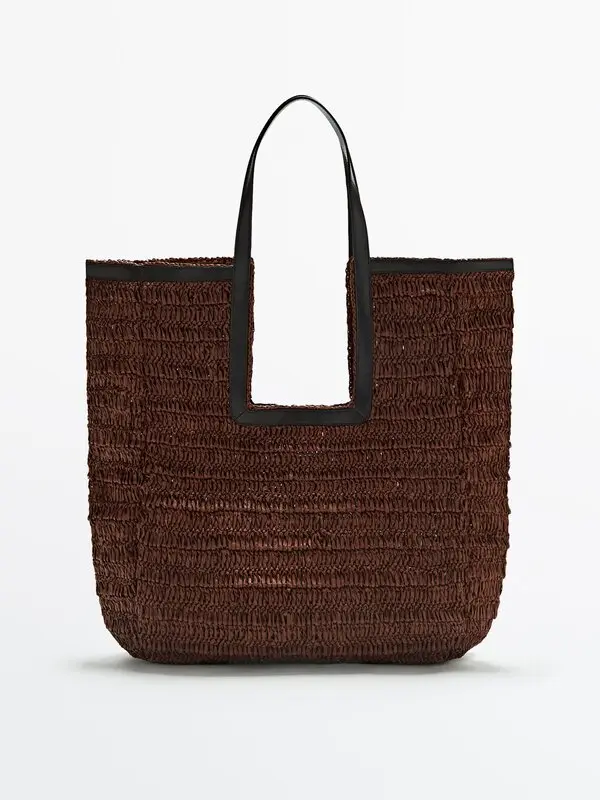 Massimo Dutti Raffia Maxi Tote Bag With Leather Handles In Brown