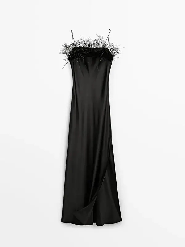 Massimo Dutti Silk Dress With Feather Trim Studio Black