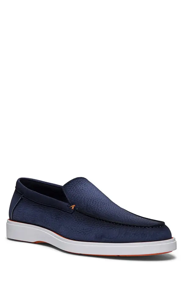 Santoni Navy Blue Textured Slip-On Loafers with White Sole Santoni - Boit Navy Blue Suede Loafer | Mitchell Stores main image 4