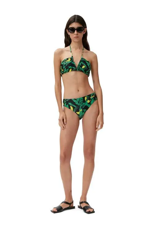 Ganni Mid-Rise Bikini Bottom In Banana Tree Black 60% Off