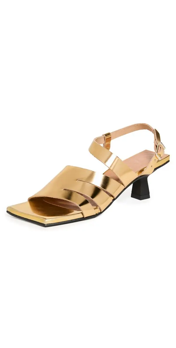 GANNI Asymmetric Metallic Sandals - Gold | Editorialist