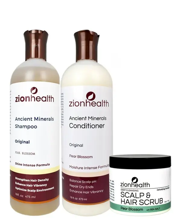 ZION HEALTH Nourishing Summer Hair Bundle Pear Blossom Shampoo 16 Oz + Pear Blossom Conditioner 16 Oz + Pear Blossom Scalp Hair Scrub 4 Oz