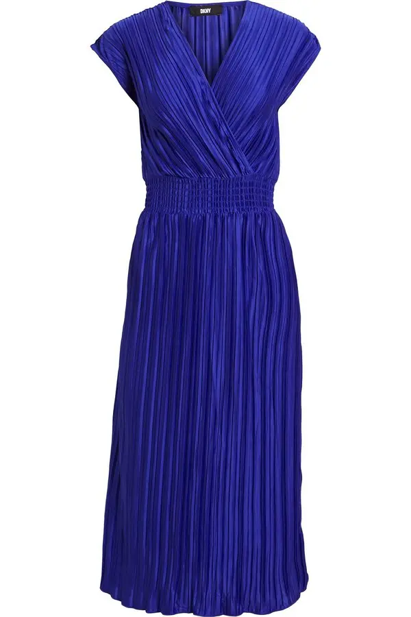 Dkny Wrap-Effect Pliss-Satin Midi Dress Blue In Royal Blue - 45% Off |  Editorialist