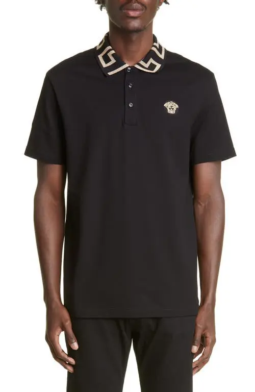 Versace Greco Collar Cotton Piqué Polo - Black