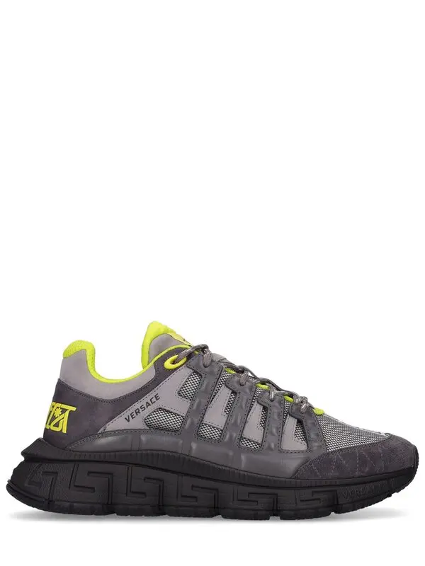 Versace Trigreca Mesh & Leather Sneakers - Grey,lime | Editorialist