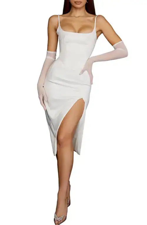 knee length dresses for ladies Ivory Corset Midi Dress with Pearl Fringe - Strapless Satin Pencil Gown for  Bridal Rehearsal, Cocktail Party & Formal Events main image 0
