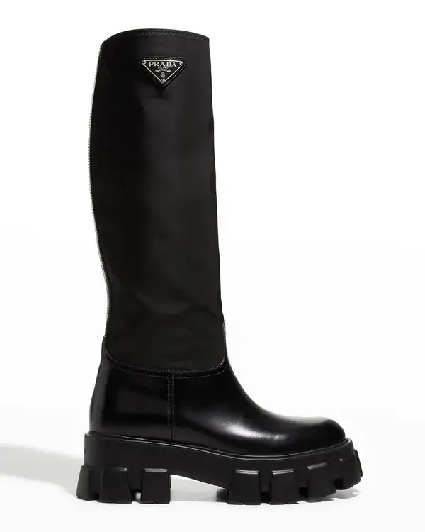 Prada Monolith Nylon Tall Riding Boots In Nero 40% Off