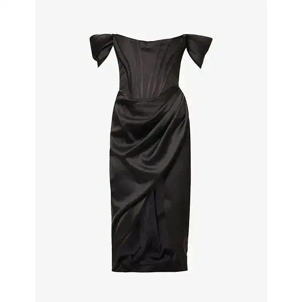 House Of Cb Loretta Off-Shoulder Satin Midi Dress - Black | Editorialist