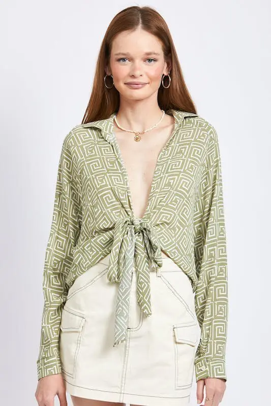 EMORY PARK Margo Tie Linen Front Top - Green | Editorialist