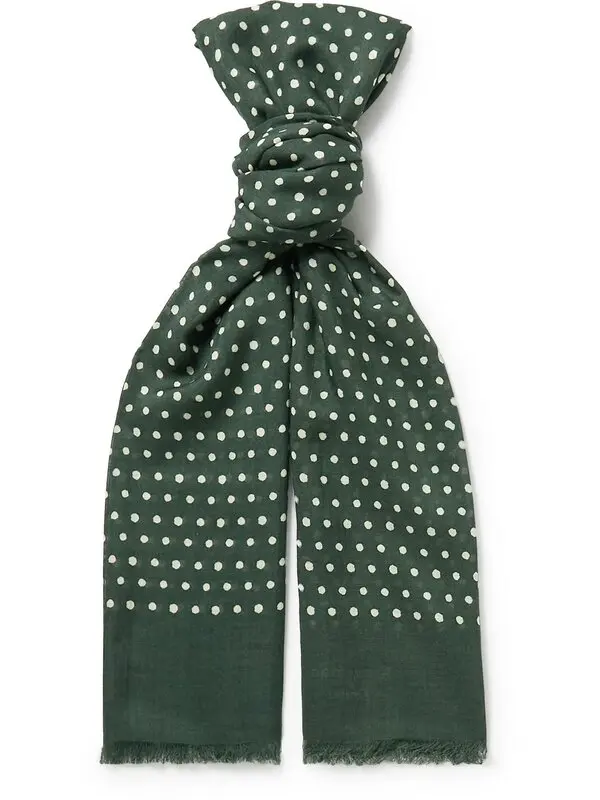 Kingsman Fringed Polka-Dot Wool And Silk-Blend Scarf In Green 30