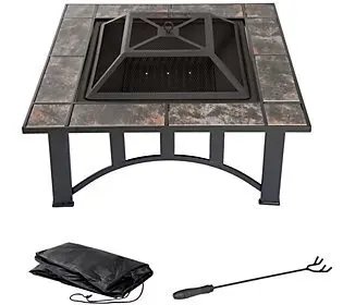 PURE GARDEN 33' Square Tile Fire Pit With Cover