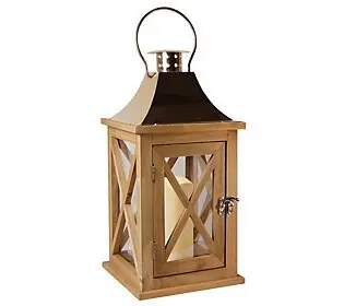LUMABASE Wooden Lantern With Copper Roof And Le D Candle