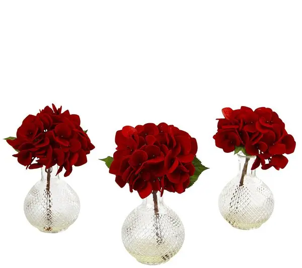 NEARLY NATURAL Set Of 3 Red Hydrangeas In Glass Vases Nearl Y Natural