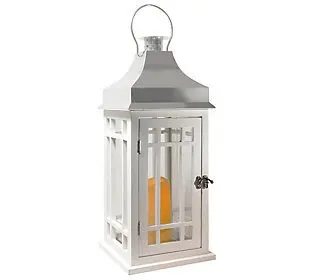 LUMABASE White Wood & Chrome Lantern With Flame Less Candle
