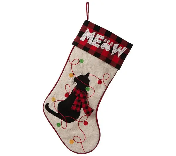 GLITZHOME Cat Or Dog Led Embroidered Linen Chri Stmas Stocking