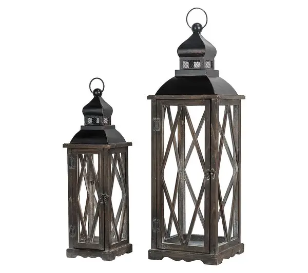 GLITZHOME Cathedral Inspired Wooden Lanterns Se T Of 2