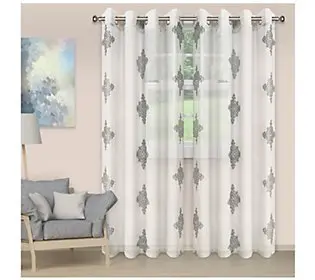 SUPERIOR Embroidered Damask Sheer Grommet Curtain, 52 X 108