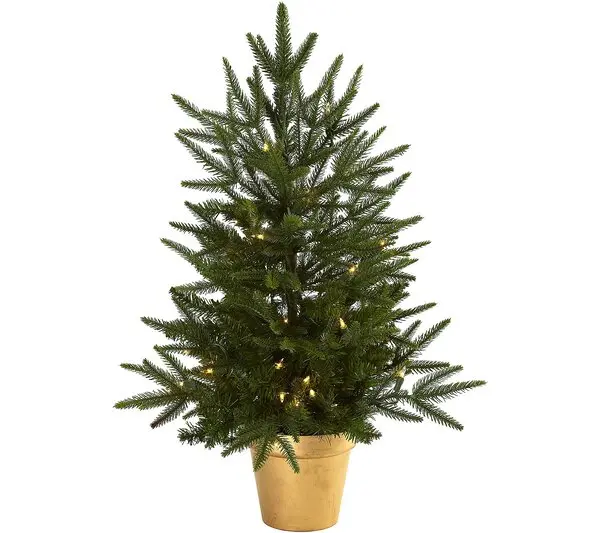 NEARLY NATURAL 2.5' Lit Christmas Tree In Golden Planter Ne Arly Natural