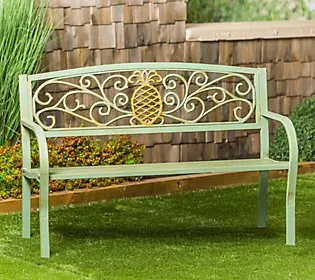 EVERGREEN Pineapple Metal Garden Bench Verdigris Eve Green