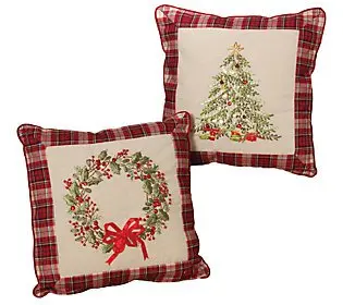 GERSON INTERNATIONAL Plush Throw Pillows With Wreath And Christmas T Ree Accents