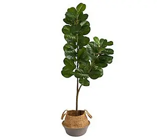 NEARLY NATURAL 4.5' Fiddle Leaf Fig W/woven Striped Planter By