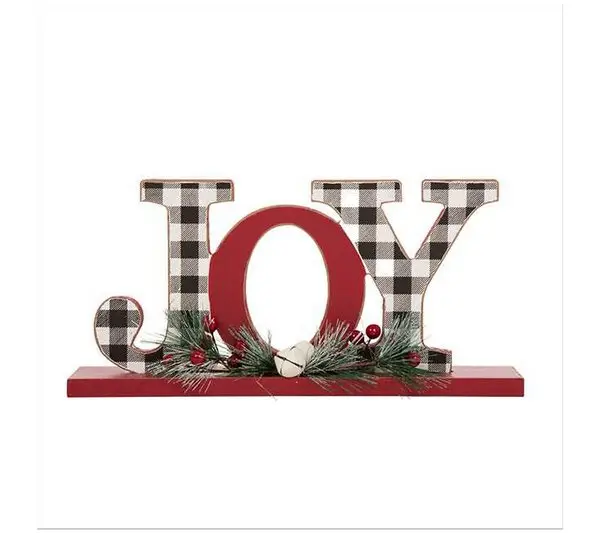 GLITZHOME Joy Red And Buffalo Plaid Christmas T Able Decor