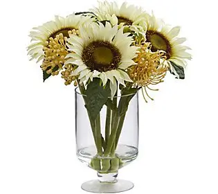 NEARLY NATURAL 12' Sunflower Sedum Arrangement In Vase Near Ly Natural