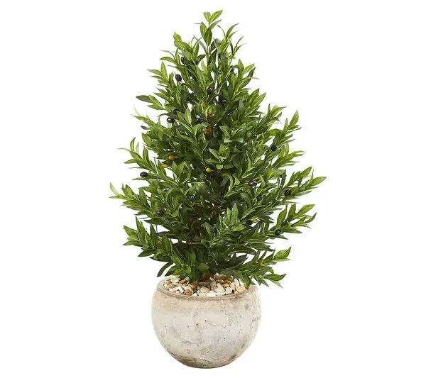 NEARLY NATURAL 3' Olive Cone Topiary In Sand Stone Planter Uv Istant