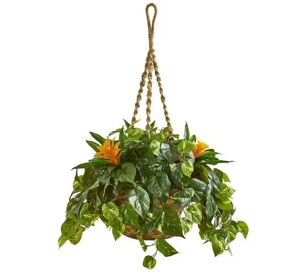 NEARLY NATURAL 31in. Bromeliad & Pothos Artificial Plant In H Anging Basket