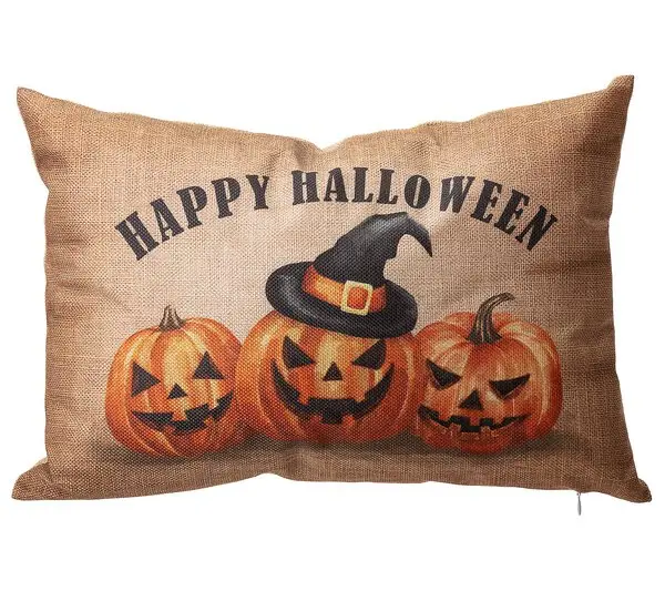 GLITZHOME Faux Burlap Happy Halloween Pumpkin T Row Pillow