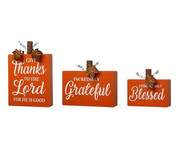 GLITZHOME Fall Harvest Wooden Happy Pumpkin Ta Le Signs S/3