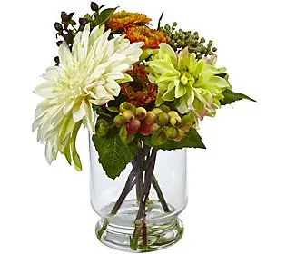 NEARLY NATURAL Mixed Dahlia And Mum With Glass Vase Nearly Atural