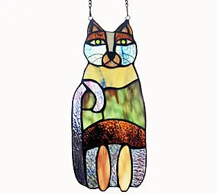 RIVER OF GOODS 13'h Crazy Cat Stained Glass Win Dow Panel