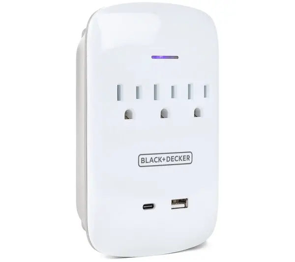 BLACK + DECKER Surge Protector Wall Mount W/ 3 Outlets 2 Usb