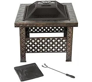 PURE GARDEN 26' Square Woven Metal Fire Pit Wit H Cover