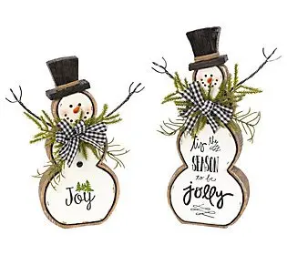 GERSON INTERNATIONAL Set Of 2 Snowman Figurines W/ Pine & Bow Ger Son Co