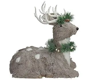 NORTHLIGHT 14' Gray Sitting Sisal Reindeer With Wreath Figure