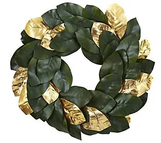 NEARLY NATURAL 22 Golden Leaf Magnolia Wreath By