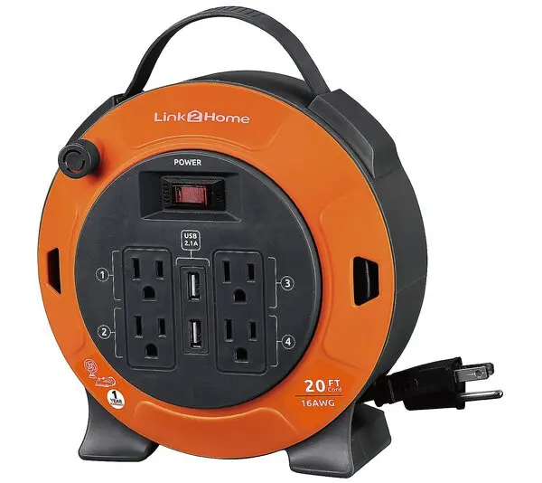 LINK2HOME 20' Extension Cord Reel W/4 Grounded Outlets & Usb